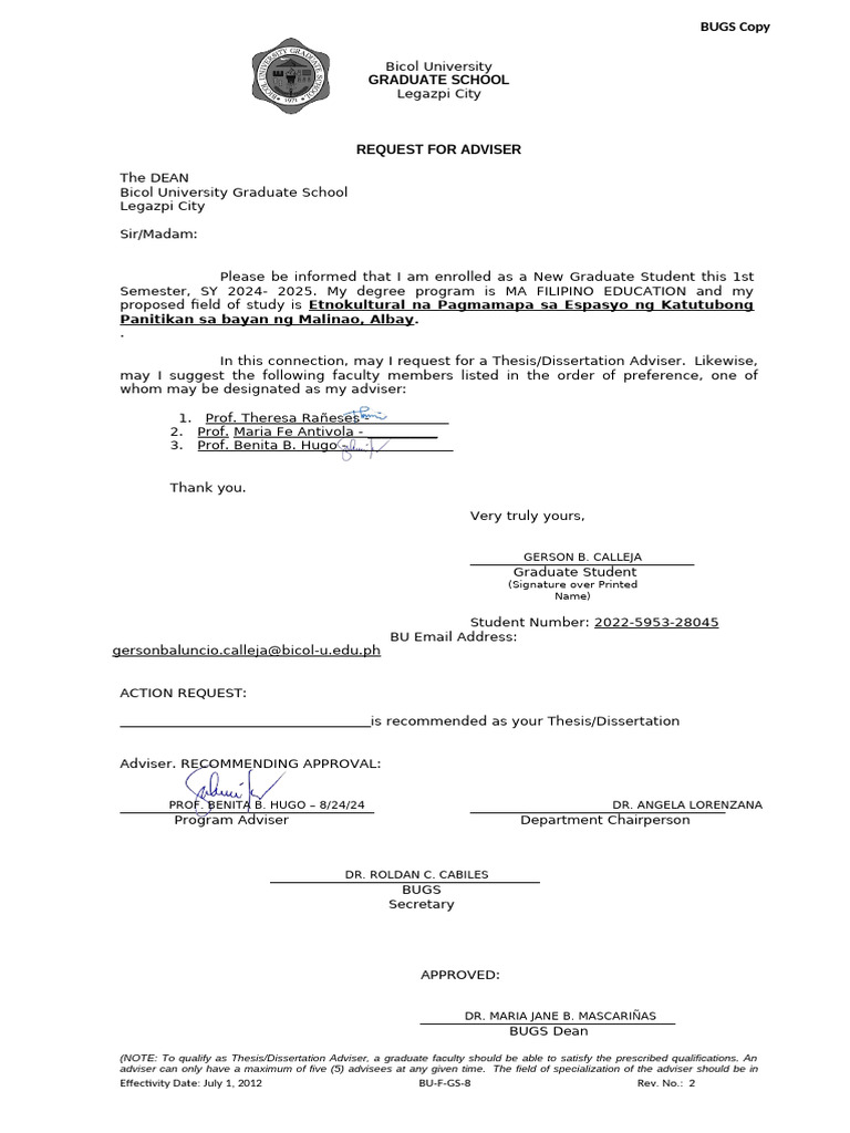 BU-F-GS-8 Request For Adviser Rev1 | PDF | Thesis | Document