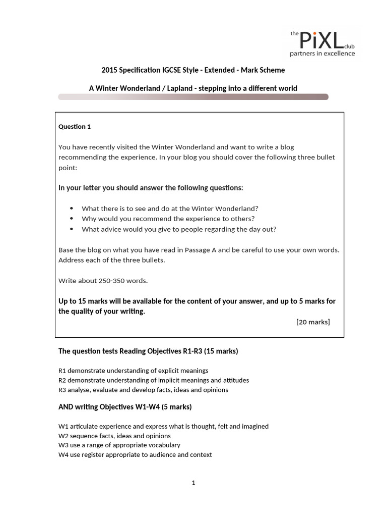 Winter Wonderland Mark Scheme | PDF