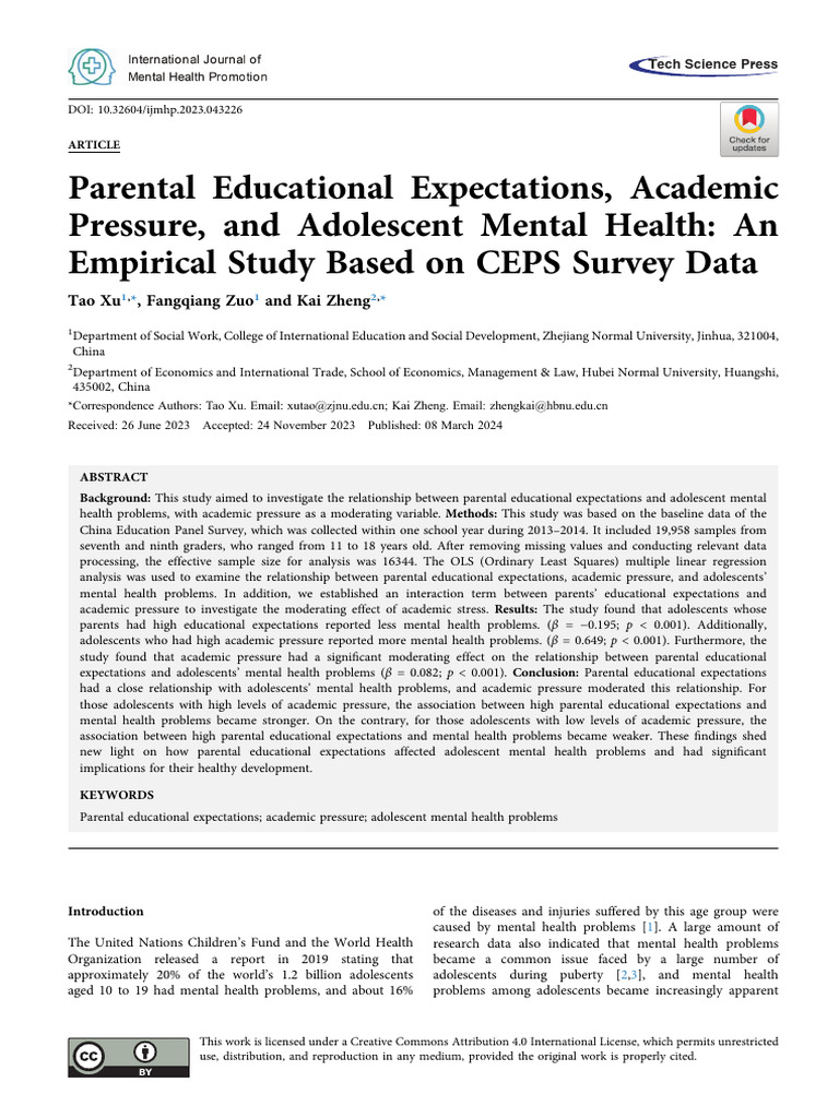 Parental Educational Expectations, Academic Pressure, and Adolescent ...