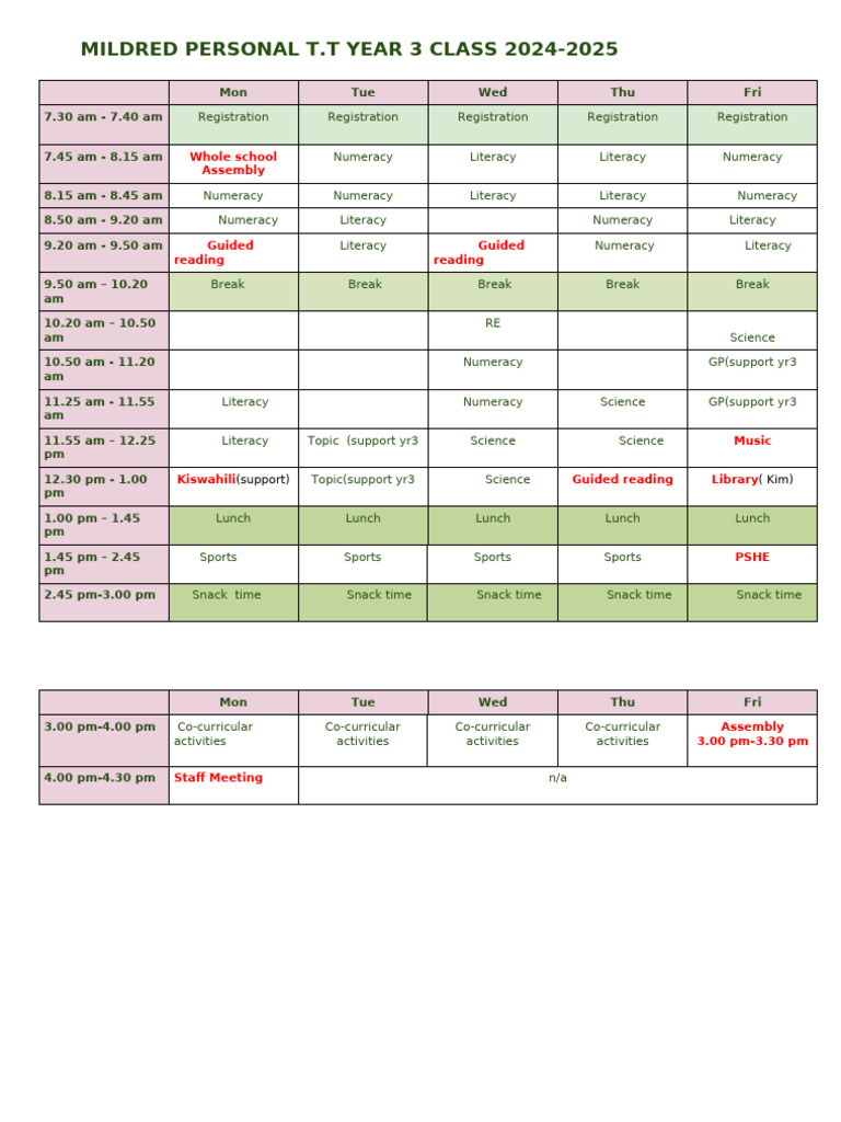 YEAR 3 CLASS TIMETABLE personal | PDF