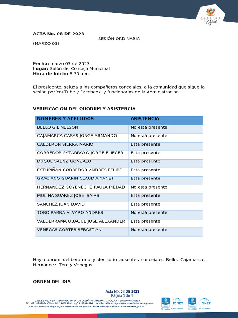 Acta 008 Del 03-03-2023 | PDF