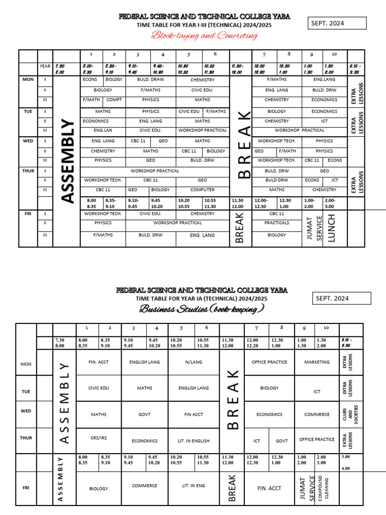 Technical Time Table 2024-2025 Final | PDF