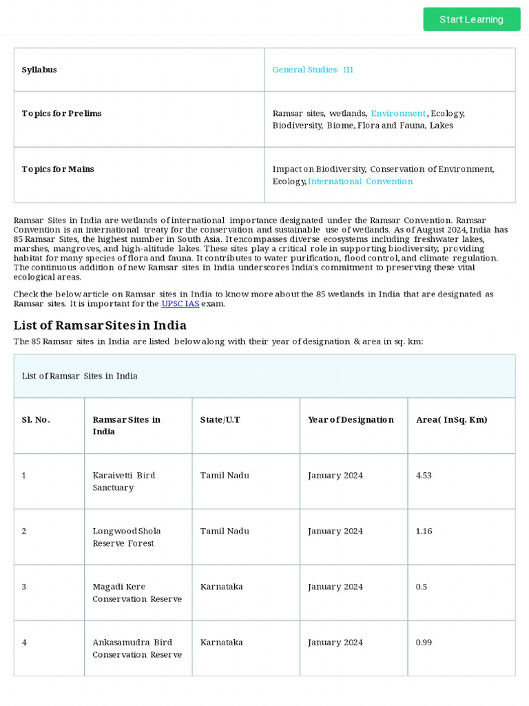 Ramsar Sites in India - State Wise List of Ramsar Sites - UPSC Notes | PDF