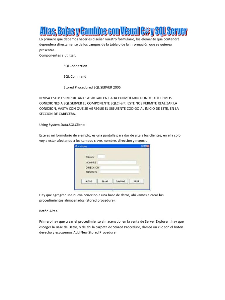 Altas Bajas Modificaciones Visual C# y SQL SERVER | PDF