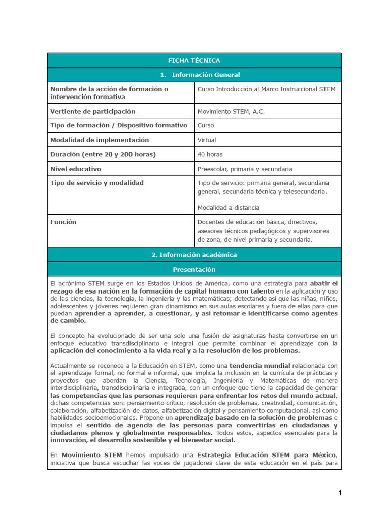 Ficha TÃ©cnica. AcciÃ N Formativa. Movimiento STEM 2023-2025 | PDF