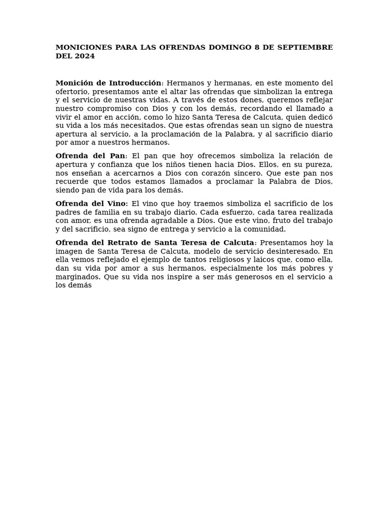 Moniciones para Las Ofrendas Domingo 8 de Septiembre Del 2024 | PDF