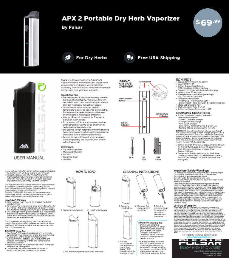 Pulsar Apx 2 Dry Herb Vape User Manual | PDF