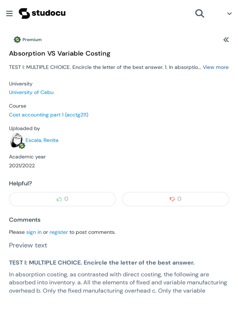 Absorption Vs Variable Costing | PDF