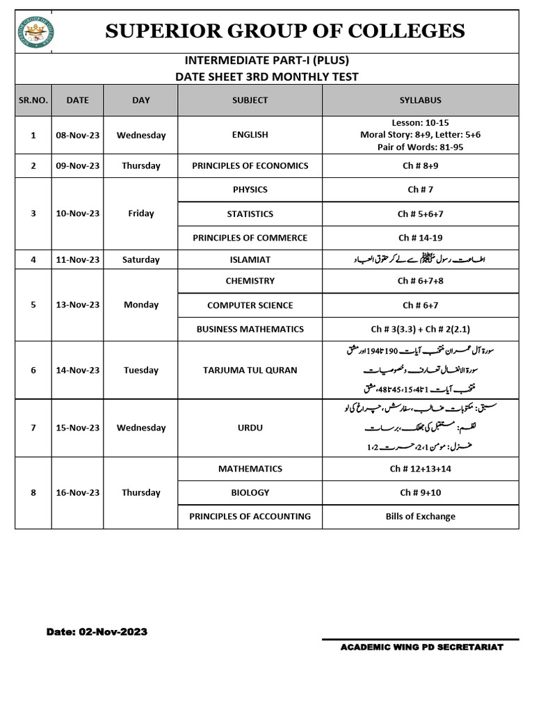 Date Sheet Part-I (Plus) 3rd Monthly Test | PDF
