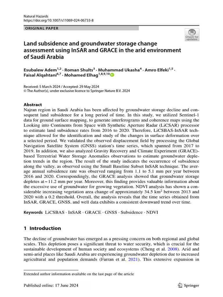 Land Subsidence and Groundwater Storage Change Assessment Using InSAR and GRACE in The Arid ...
