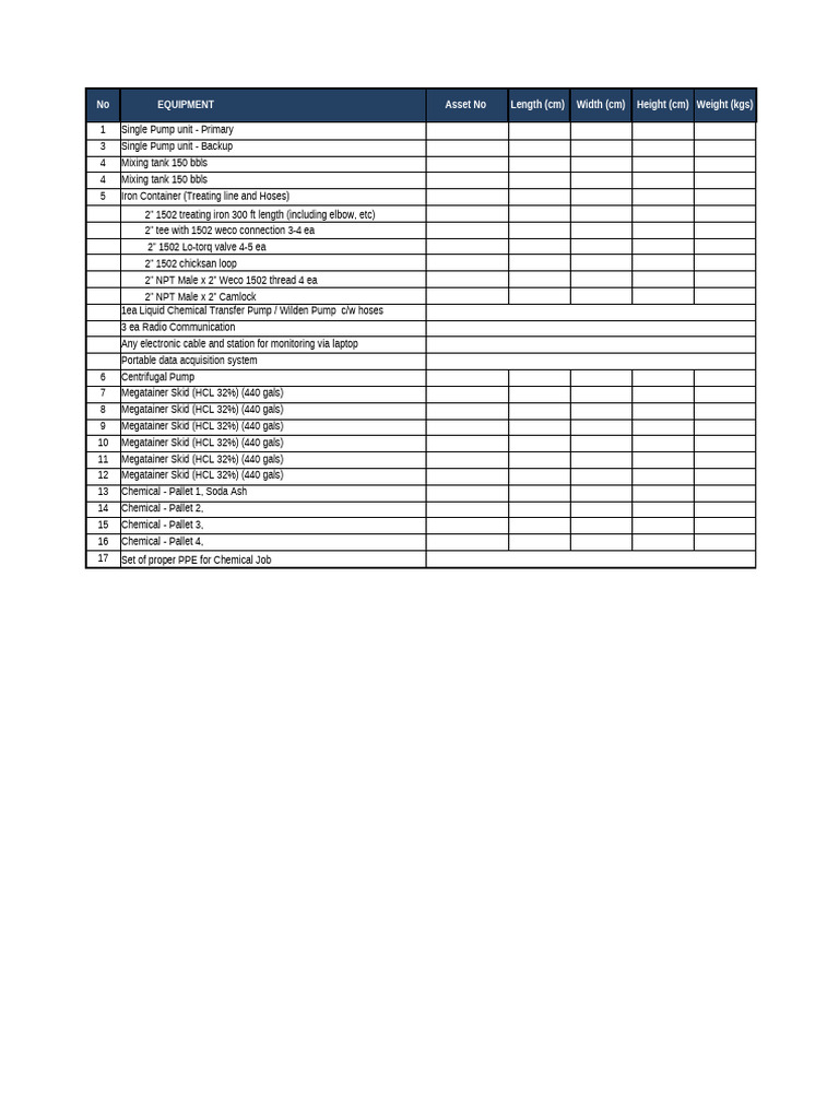 No Equipment Asset No Length (CM) Width (CM) Height (CM) Weight (KGS) | PDF