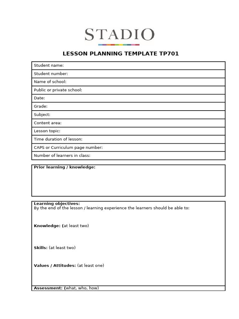 Generic STADIO Lesson Plan Template TP701 | PDF