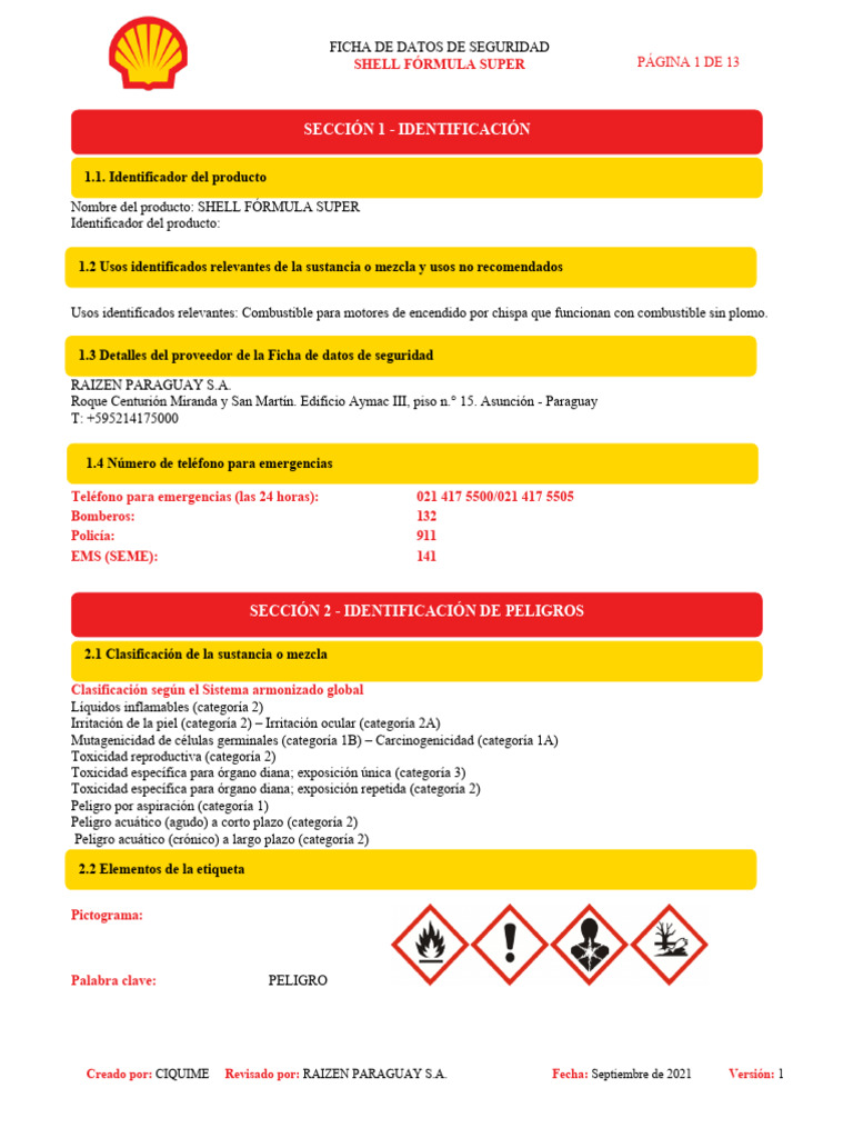 SDS - SHELL FÓRMULA SUPER - Tarjeta Seguridad en Inglés (1) ES | PDF