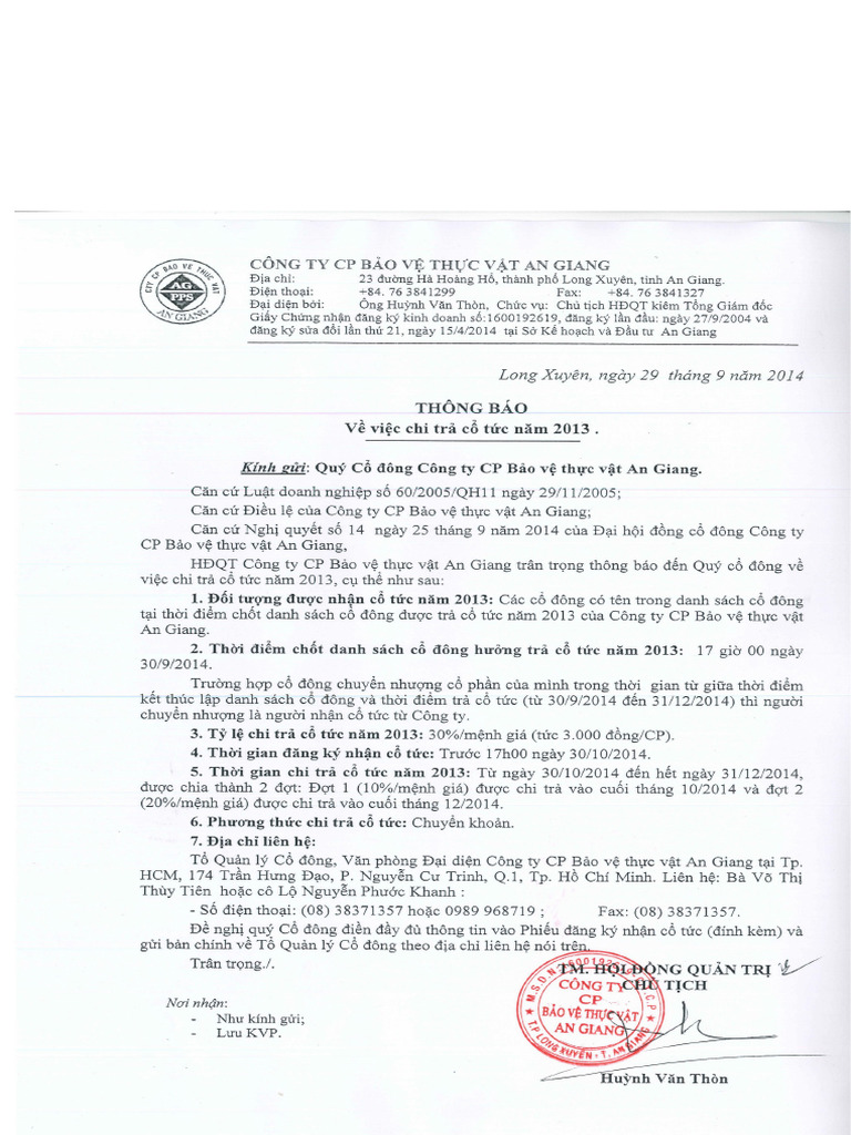 VB Cong Ty VB Thuc Vat An Giang | PDF