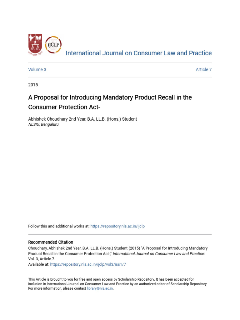 A Proposal For Introducing Mandatory Product Recall in The Consum | PDF
