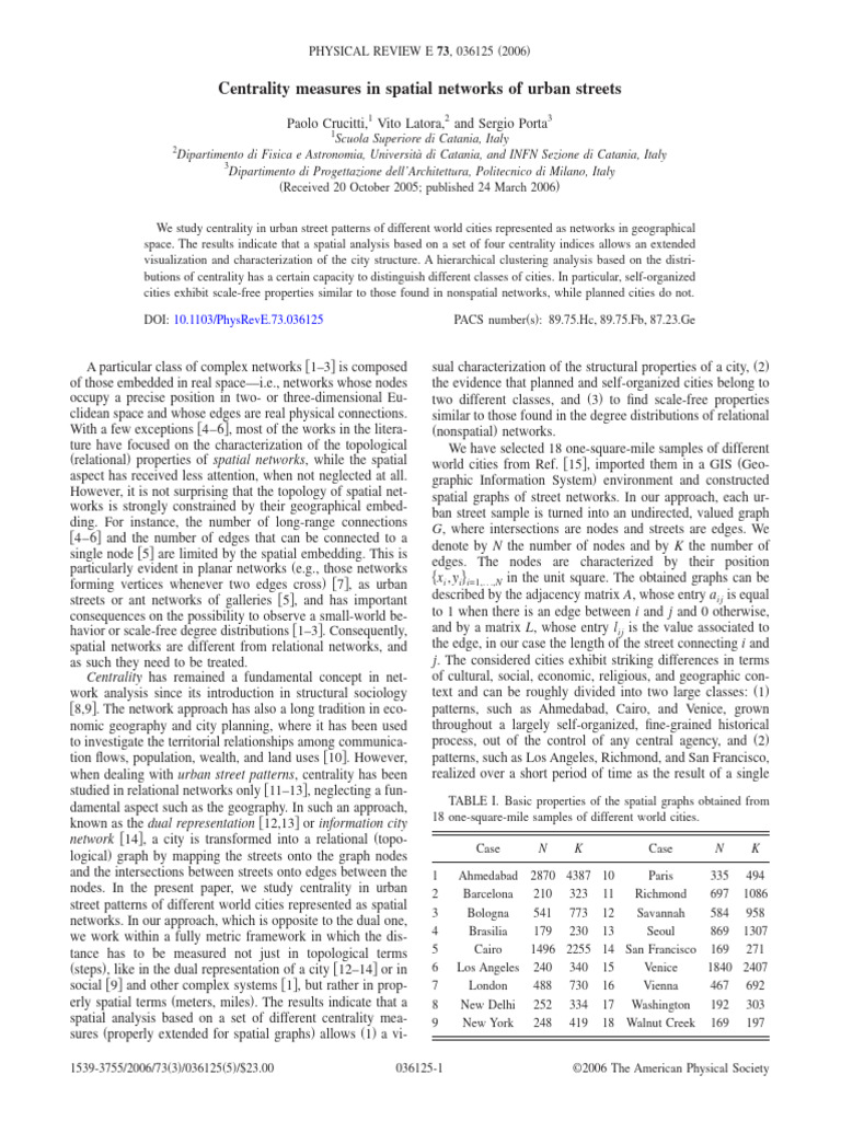 Centrality Measures in Spatial Networks of Urban Streets | PDF