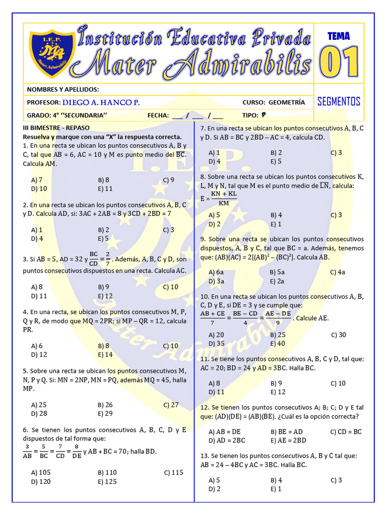 Geo Tema 01 Segmentos 4° Sec Iii Bim Repaso Tipo P | PDF
