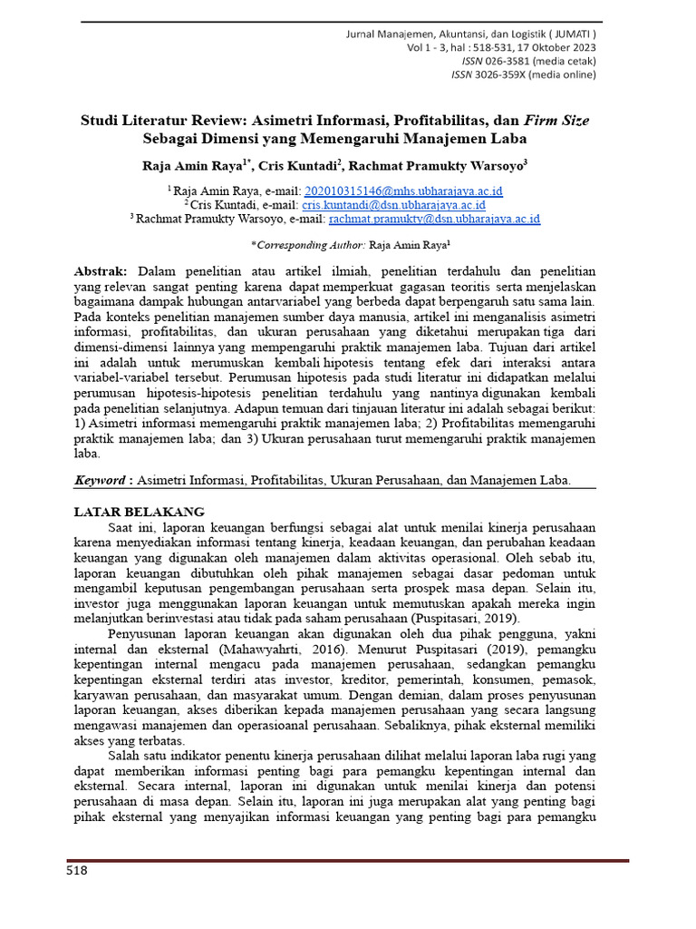 Studi Literatur Review: Asimetri Informasi, Profitabilitas, Dan Sebagai ...