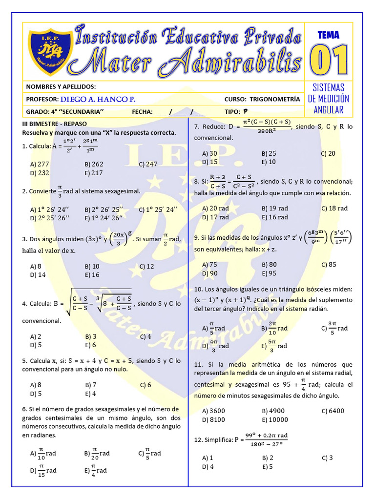 Trigo Tema 01 Sistemas de Medición Angular 4° Sec Iii Bim Repaso | PDF | Ángulo | Métodos y ...
