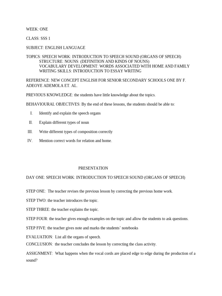 Lesson Note English Ss1 PDF Linguistics Social Science