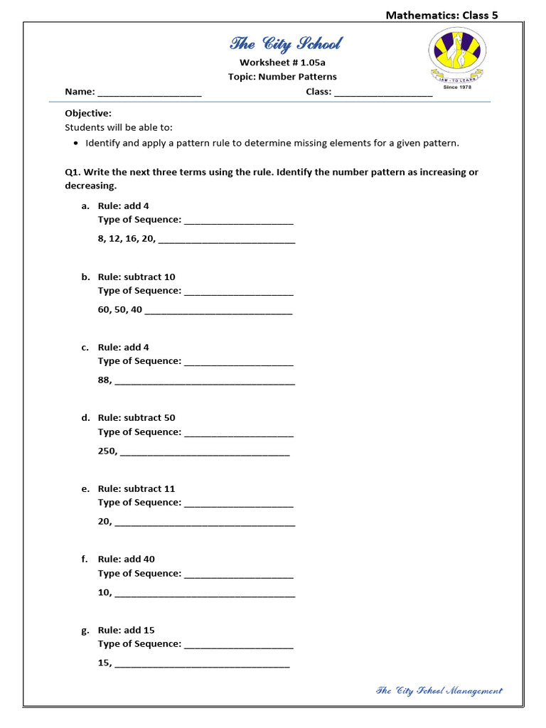 Mathematics Worksheet - Class 5 - 1.05a | PDF