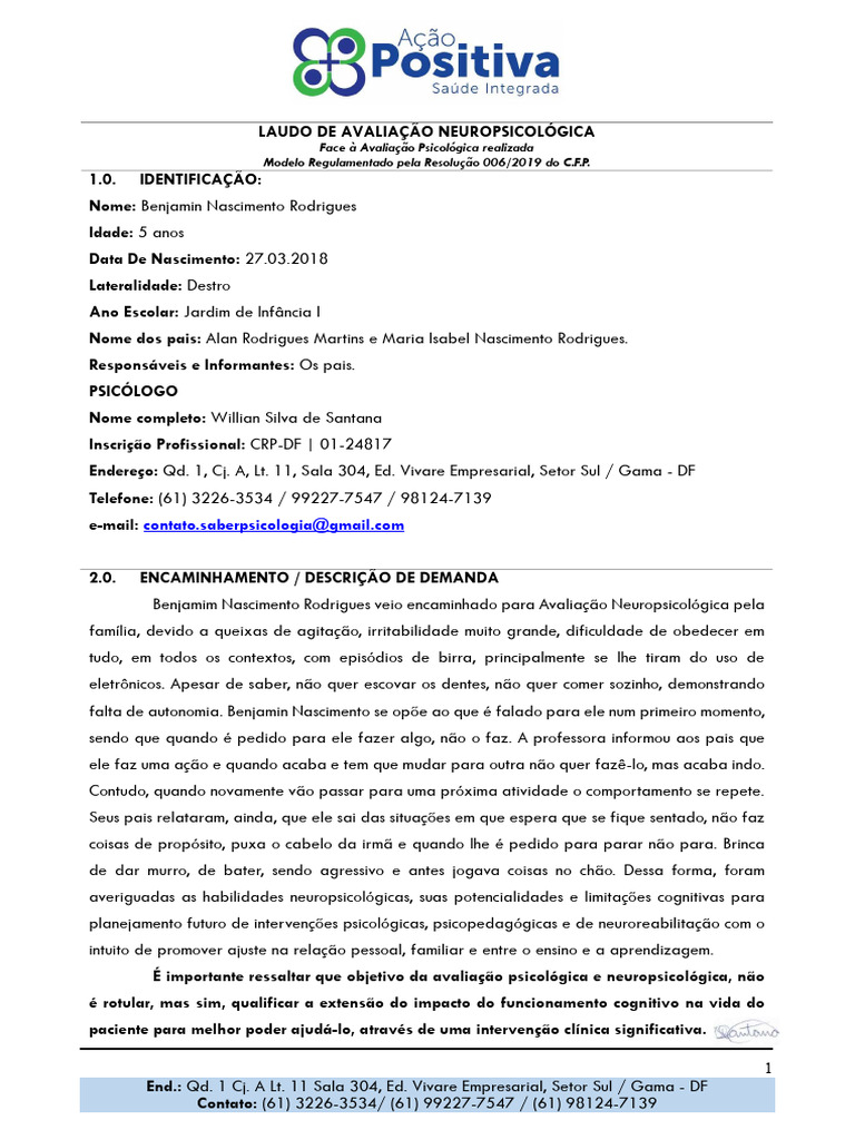 Laudo Neuropsicológico - Benjamim Nascimento Rodrigues | PDF