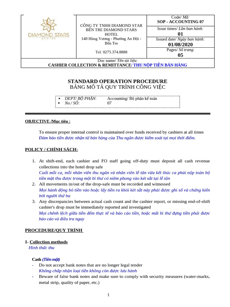 SOP - ACCOUTING 07. Cashier Collection - Remittance - Thu Va Nop Tien ...
