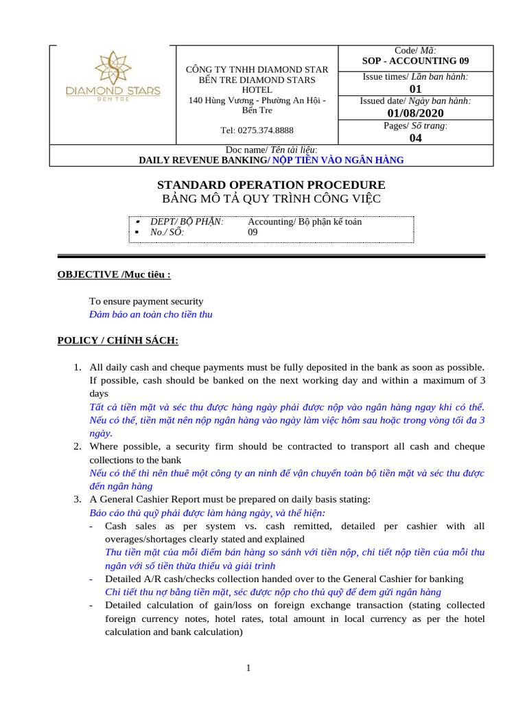 SOP - ACCOUTING 09. Daily Revenue Banking - Nop Tien Vao Ngan Hang | PDF