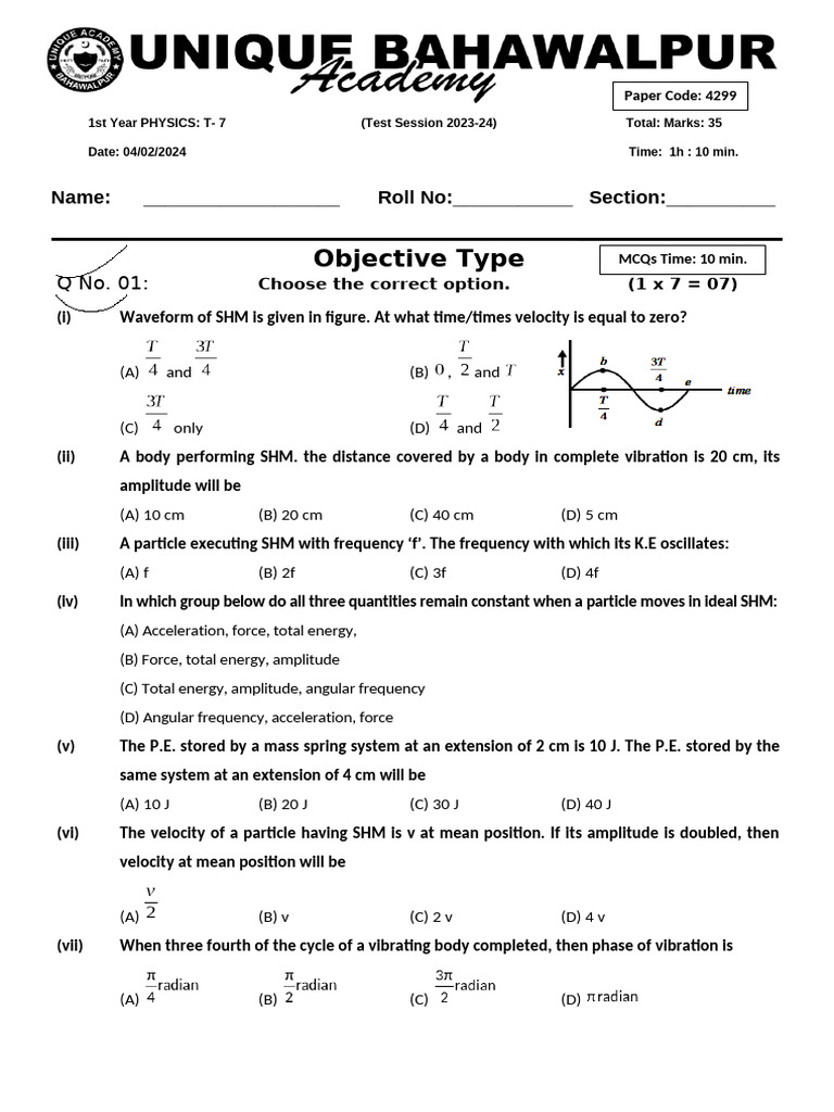 1st Year Physics T-7 2024 | PDF