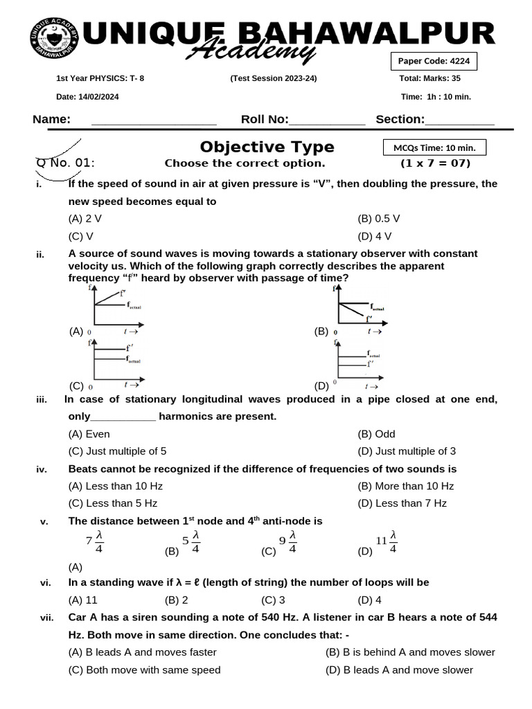 1st Year Physics T-8 2024 | PDF
