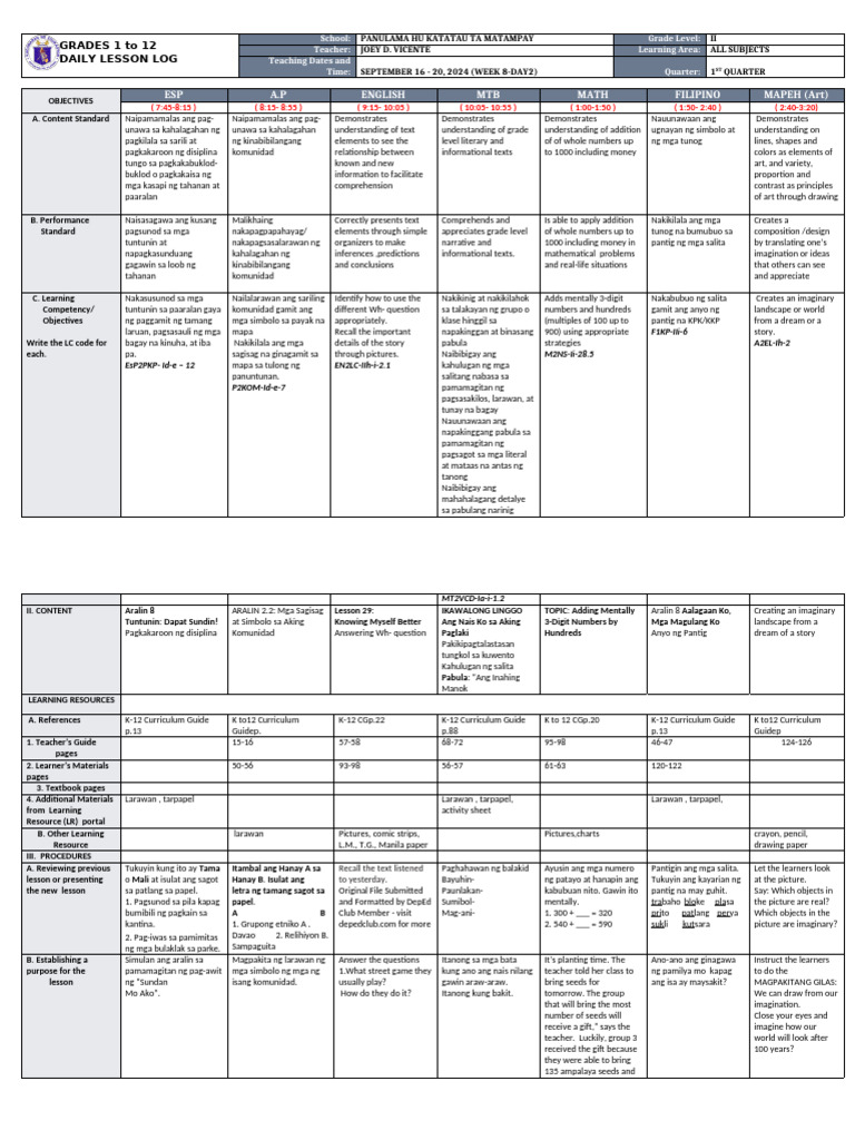 DLL - All Subjects 2 - Q1 - W8 - D2 | PDF
