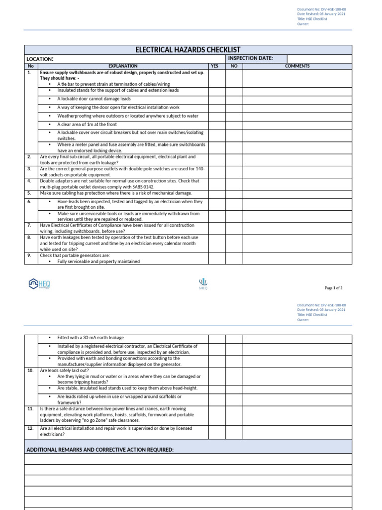 Checklist - Electrical Hazards - 2021 | PDF