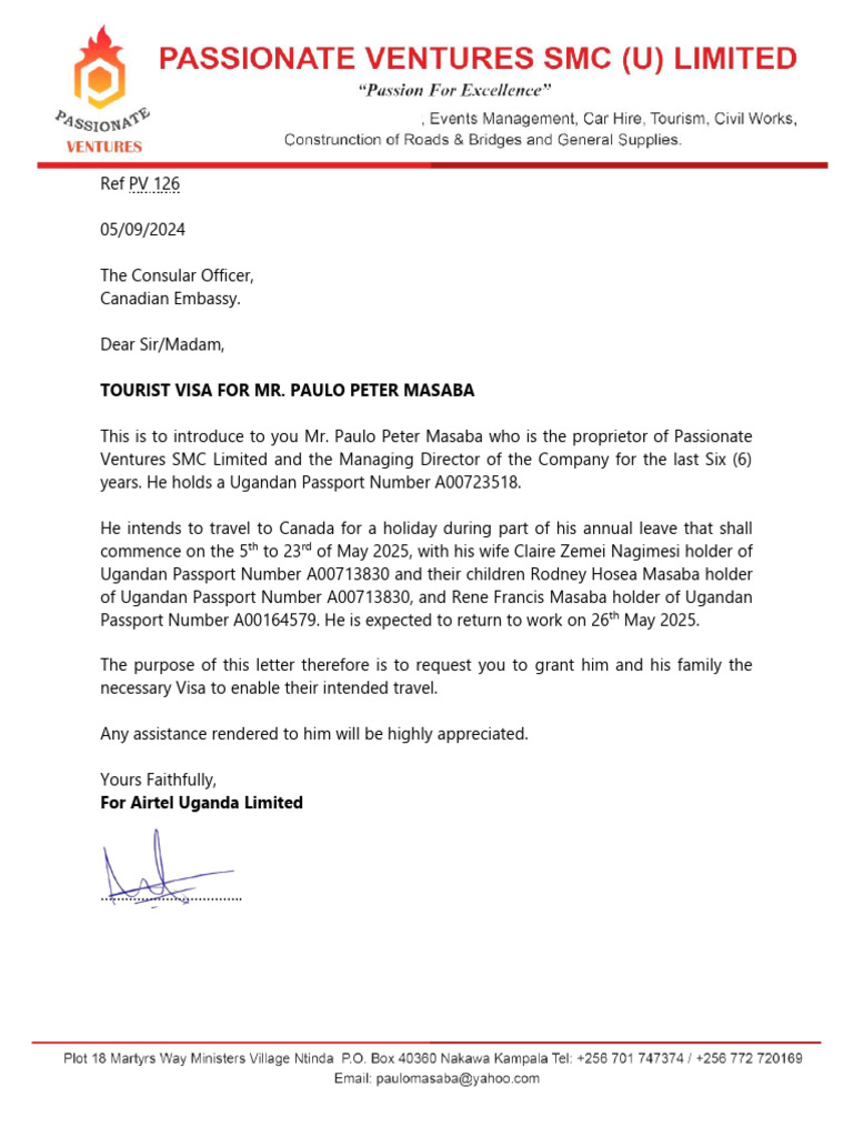 Paulo Masaba - Visa Letter 5 | PDF