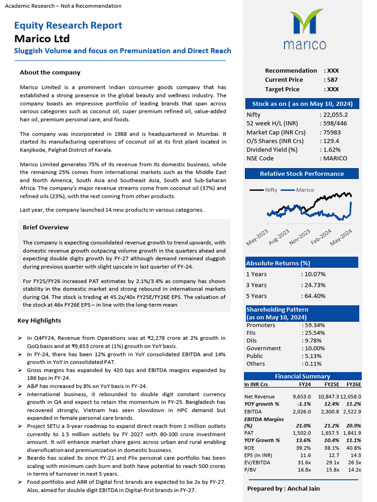 Marico Ltd Equity Research Overview | PDF | Inflation | Economy Of India