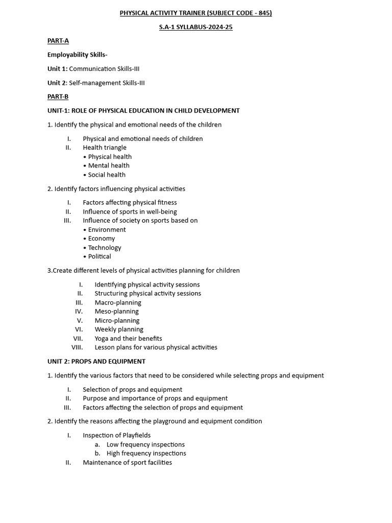 Physical Activity Trainer Class Xi S.A - 1 Syllabus | PDF