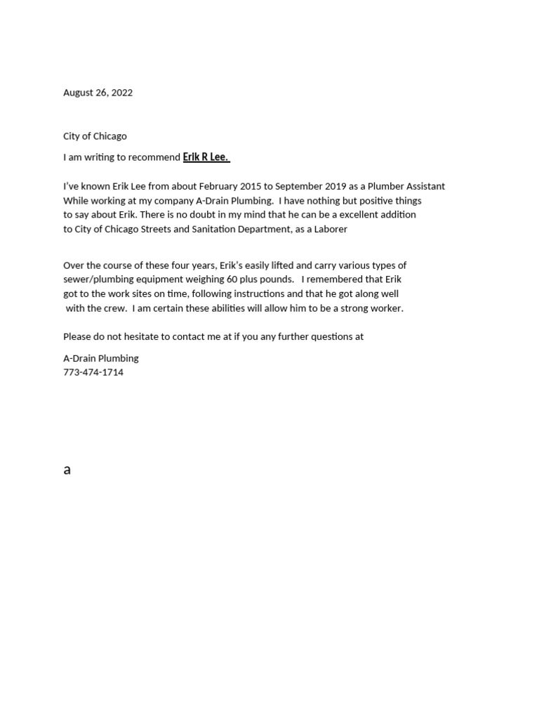 Erik - Reference Letter -A-Drain | PDF
