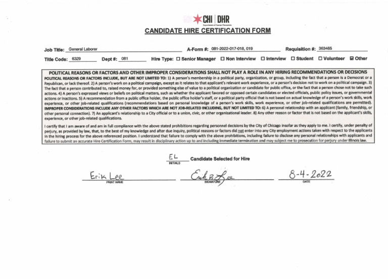 Candidate Hire Certification Form | PDF