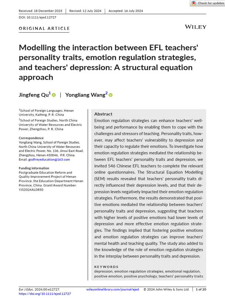 Modelling The Interaction Between EFL Teachers' Personality Traits, Emotion Regulation ...