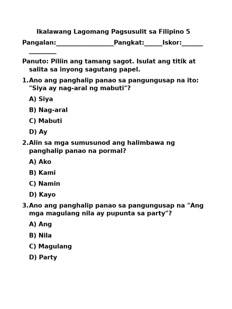 Ikalawang Lagomang Pagsusulit Sa Filipino 5 | PDF