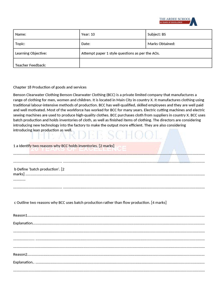 CH18 Worksheet | PDF | Lean Manufacturing | Secondary Sector Of The Economy