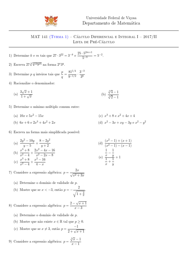 Lista de pré-cálculo - MAT 141 | PDF