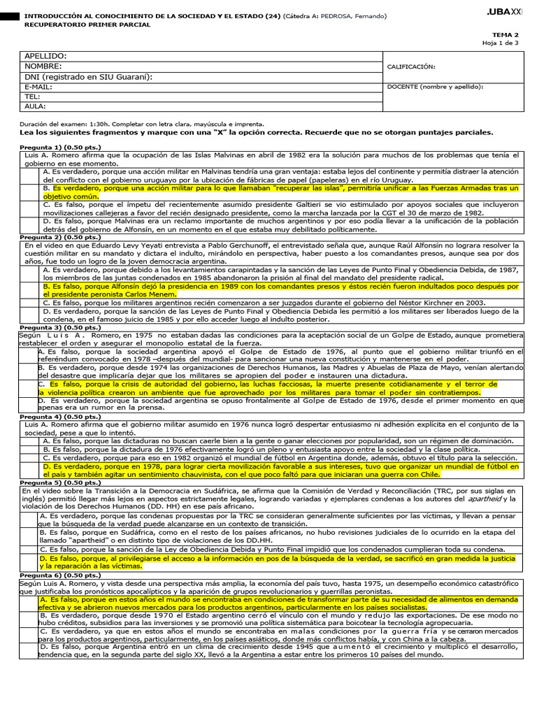 Recuperatorio de Primer Parcial C2 23 - TEMA 2 - CLAVES de CORRECCIÓN | PDF