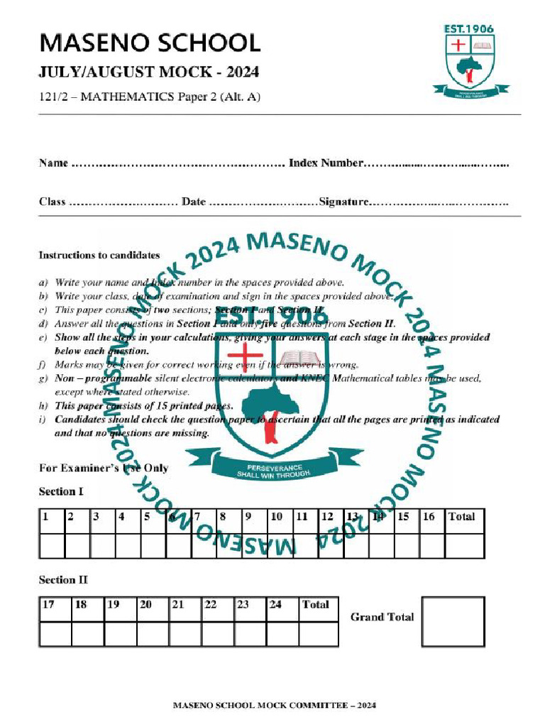Maseno Mock Maths Pp2 2024 | PDF
