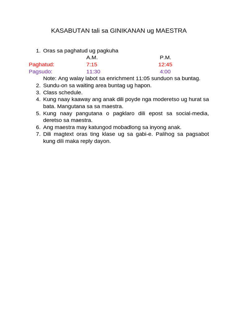 Kasabutan Tali Sa Ginikanan Ug Maestra | PDF