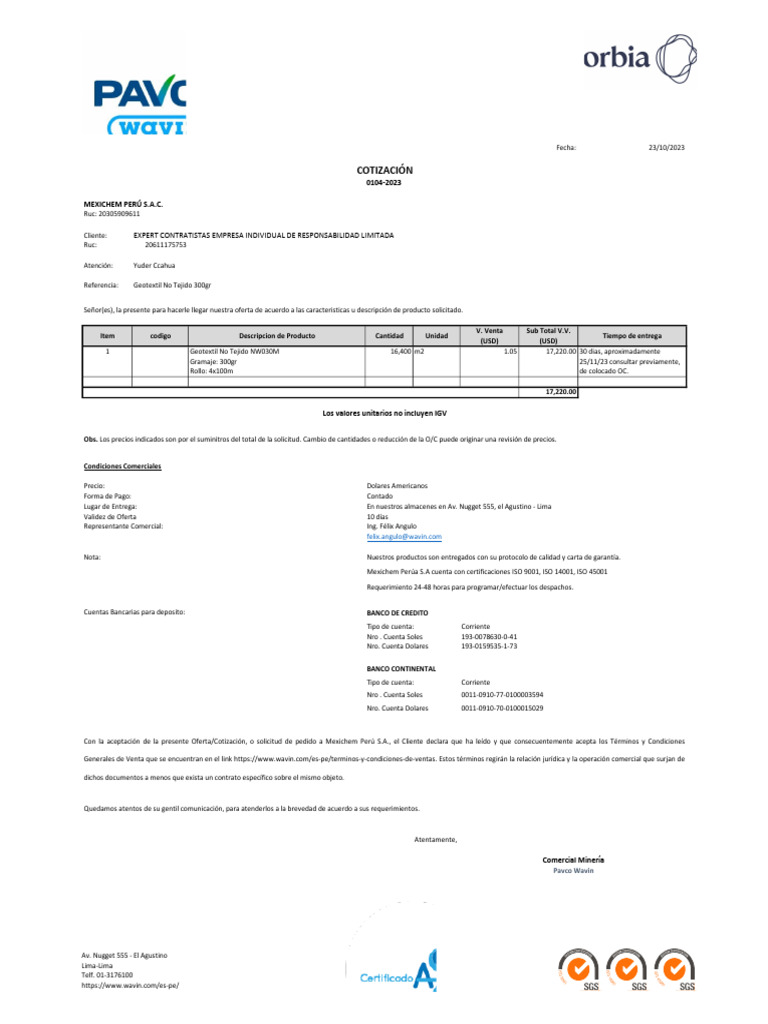 COTIZACION 0104-2023 - Expert Contratista - Geotextil NT 300gr | PDF