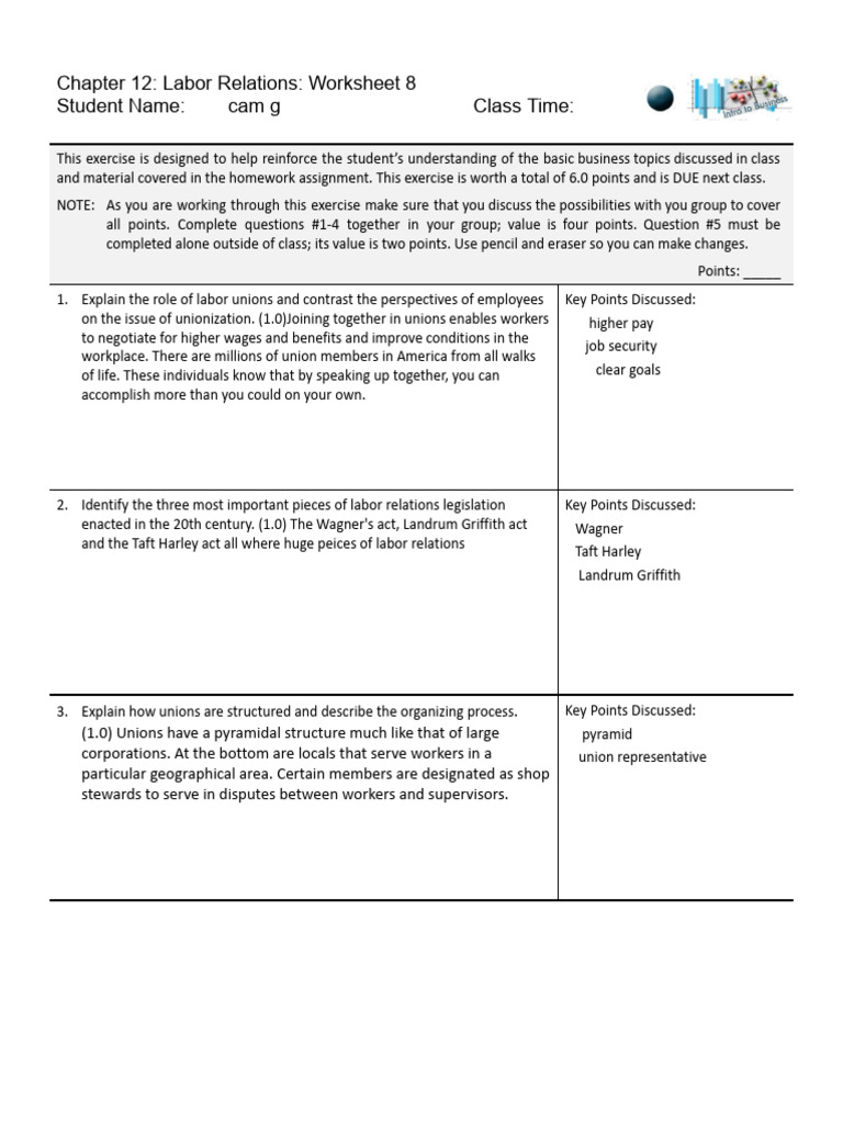 Worksheet 8 - Chapter 12 - Labor Relations | PDF