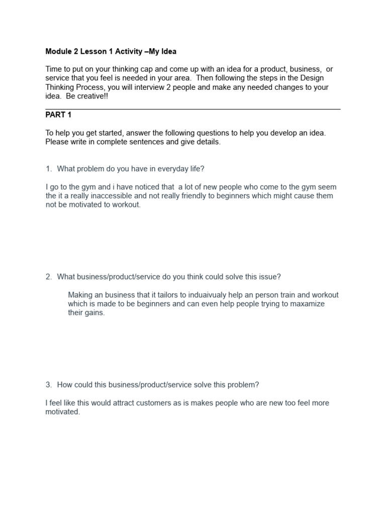 Module Two Lesson One Entrepreneurship Activity - My Idea | PDF