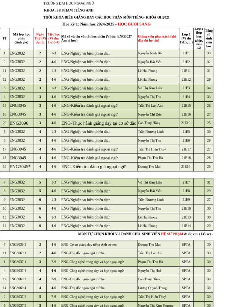 1.TKB Môn Tiếng HK1-QH21 (24-25) - An-Xin Phòng | PDF