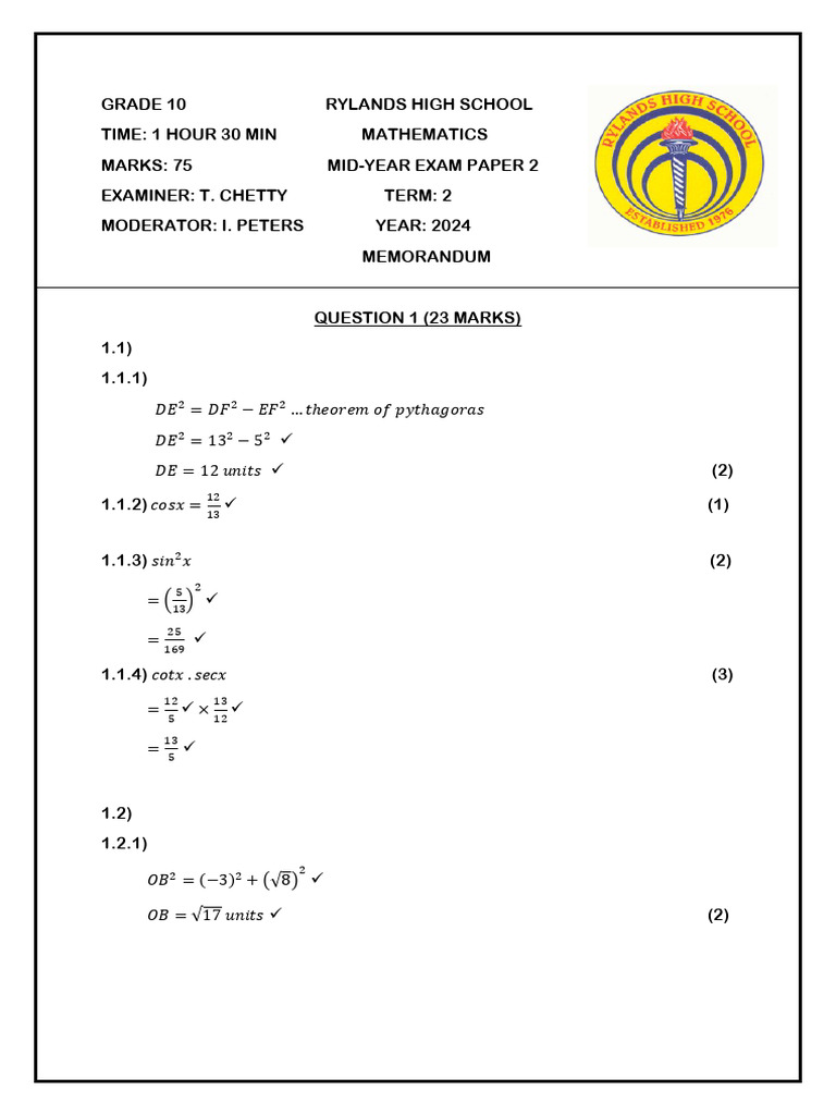 Grade 10 Math Mid-Year Exam Paper 2 Memorandum Term 2 2024 | PDF