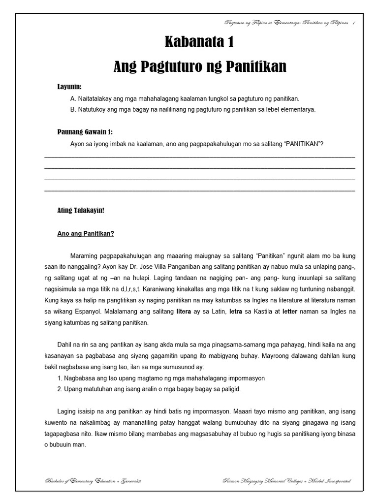 Module Pagtuturo Ng Filipino Sa Elementarya Panitikan | PDF